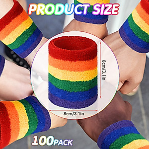 100 Pieces Rainbow Striped Wrist Sweatbands Bulk Gay Pride Athletic Cotton Sweatband Terry Cloth Wristbands for Men Women Birthday Halloween Rainbow Festival Party Parades Sports