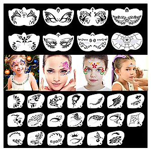 Twpribarn 28 Pcs Face Paint Stencils Kits Face Painting Stencils Reusable Face Tattoo Painting Templates Body Makeup Painting Templates for Kids Face Painting Holiday Halloween Tattoo Stencils (Mix01)