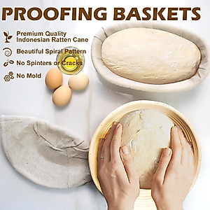 Banneton Bread Proofing Baskets, 9 Inch Round & 10 Inch Oval Sourdough Baking Basket, Complete Set for Bread Making—Bread Lame, Danish Whisk, Dough Scrapers, Flour & Sugar Sifter, Basting Brush