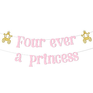 Sursurprise Princess 4th Birthday Party Decorations, Four Ever A Princess Banner Pink Gold for Girls, Princess Themed 4 Years Old Birthday Party Supplies