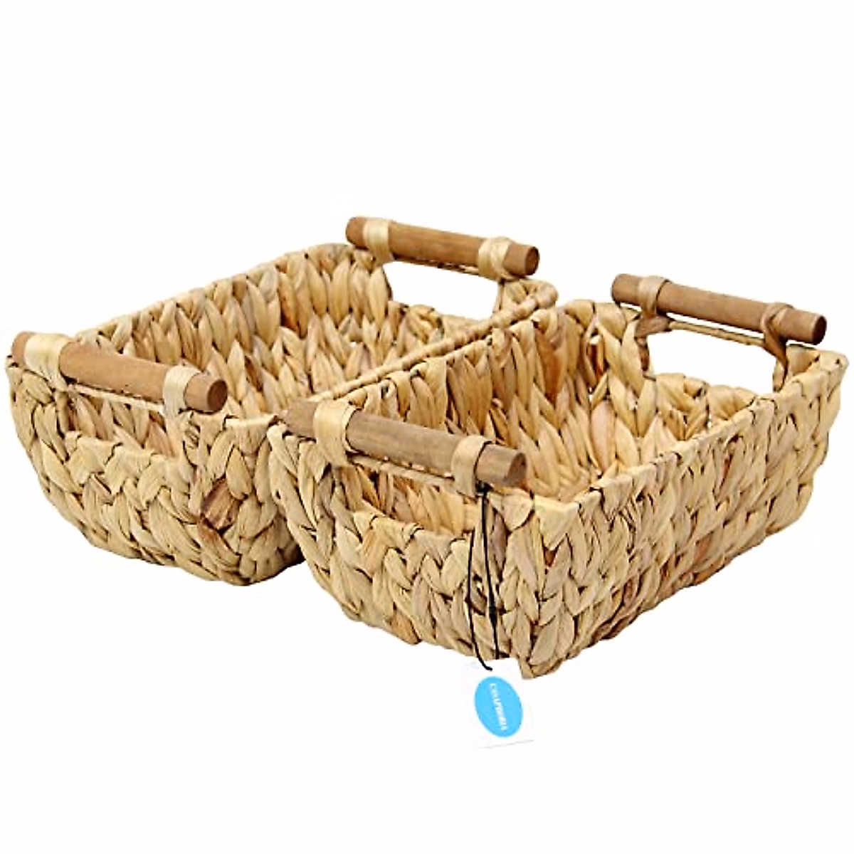 Casaphoria Small Square Irregular Hyacinth Storage Baskets Natural Hand Woven Water Hyacinth Snacks Fruits Basket Durable Trapezoid Sundries Baskets with Built-in Wooden Handles towel Basket，2-Pack