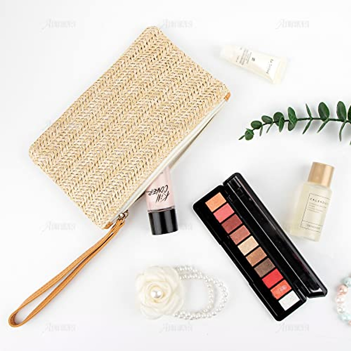 AUEAR, Women's Hand Wrist Type Straw Clutch Bag Bohemian Summer Beach Sea Handbag Purse Zipper Wristlet