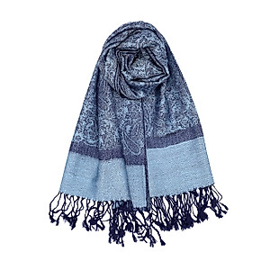 Achillea Two Tone Vintage Jacquard Paisley Pashmina Shawl Wrap Scarf (Steel Blue)