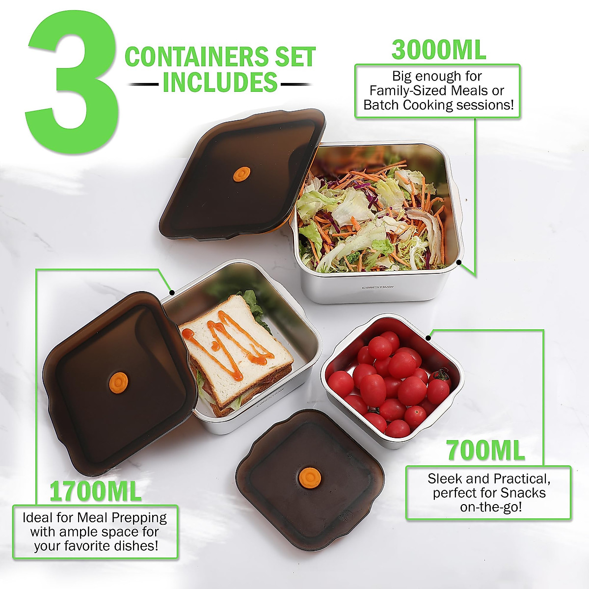 Stainless Steel Food Storage Containers With Lids | Snack Containers for Kids, Freezer Safe, Microwave Safe | 304 Metal Containers For Meal Prep, Leftovers, Freezer - Set of 3 (24oz, 57oz, 100oz)
