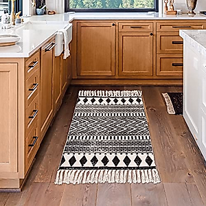 MitoVilla Black White Small Boho Bathroom Rug 2'x3', Vintage Kitchen Area Runner Rugs, Cream Tassel Boho Rug for Bedroom, Beige Farmhouse Geometric Throw Rug, Tribal Washable Bohemian Bath Mat