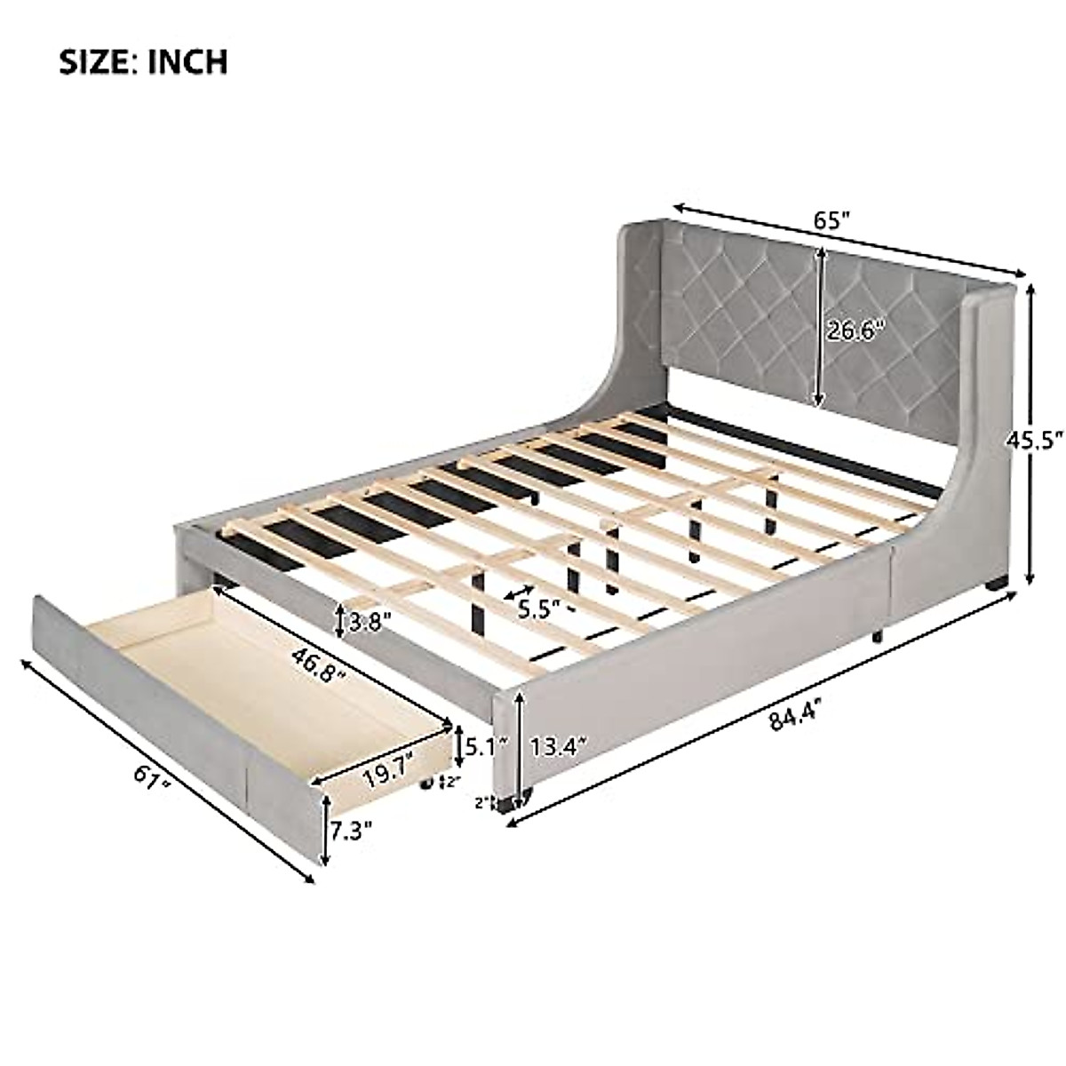 Prohon Upholstered Platform Bed with Wingback Headboard and 1 Big Storage Drawer, Velvet Tufted Bed Frame Queen Size, No Box Spring Needed, Easy to Install, Wooden Slats Support, Grey
