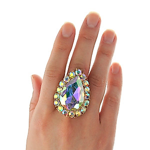 NYFASHION101 Women's Teardrop Stone Studs Fashion Stretch Ring, Aurora Borealis/Gold-Tone