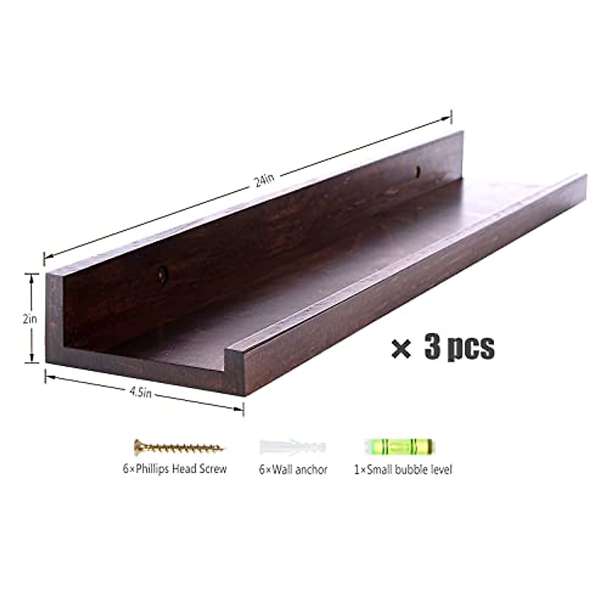 MBYD Floating Shelves 3 Same Dimensions, 24 Inch Deep Walnut Solid Wooden Shelves for Wall, Wall Mount Picture Ledge Wall Shelf for Home, Kitchen, Office, Living Room