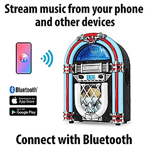 Victrola Nostalgic Wood Countertop Jukebox with Built-in Bluetooth Speaker, 50's Retro Vibe, 5 Bright Color-Changing LED Tubes, FM Radio, Wireless Music Streaming, AM/FM Radio, Aux Input