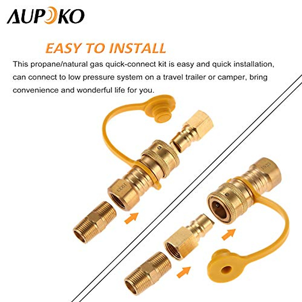 Aupoko 3/8 Inch Natural Gas Quick Connect Fittings, Brass Propane Gas Grill Quick Connector Adapter Fitting, LP Gas Propane Hose Quick Disconnect Kit, 3/8’’ Male Pipe Thread x 3/8’’ Female Pipe Threa
