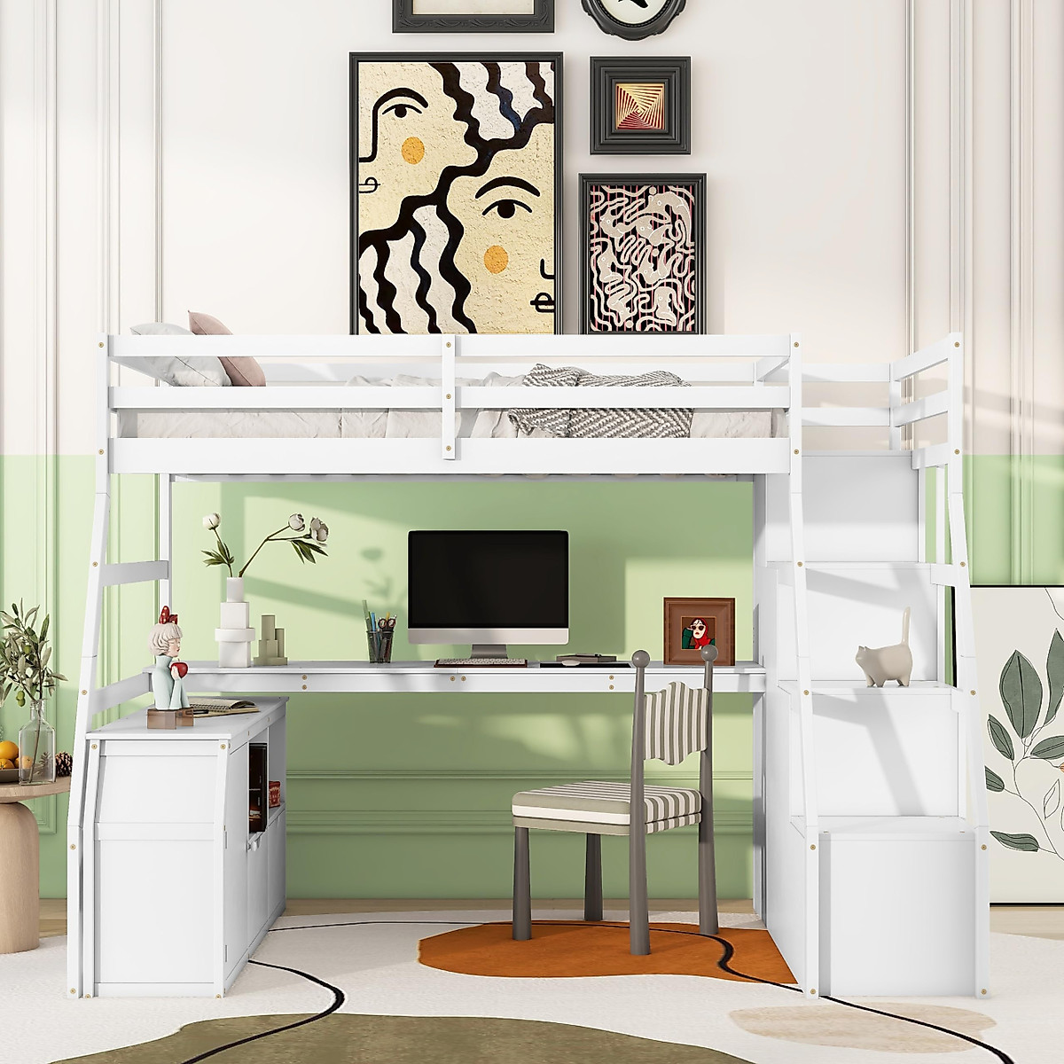 Twin Size Loft Bed with Stairs and Desk, Wood Loft Beds with Cabinet and 7 Drawers, High Loft Bed Frame with Shelves and Step for Kids, Teen, Boys, Girls, White