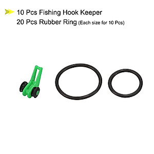 PATIKIL Fishing Hook Keeper, 10 Pack Plastic Fish Lure Bait Holder Accessories with 2 Size Rubber Rings for Fishing Rod Pole, Green