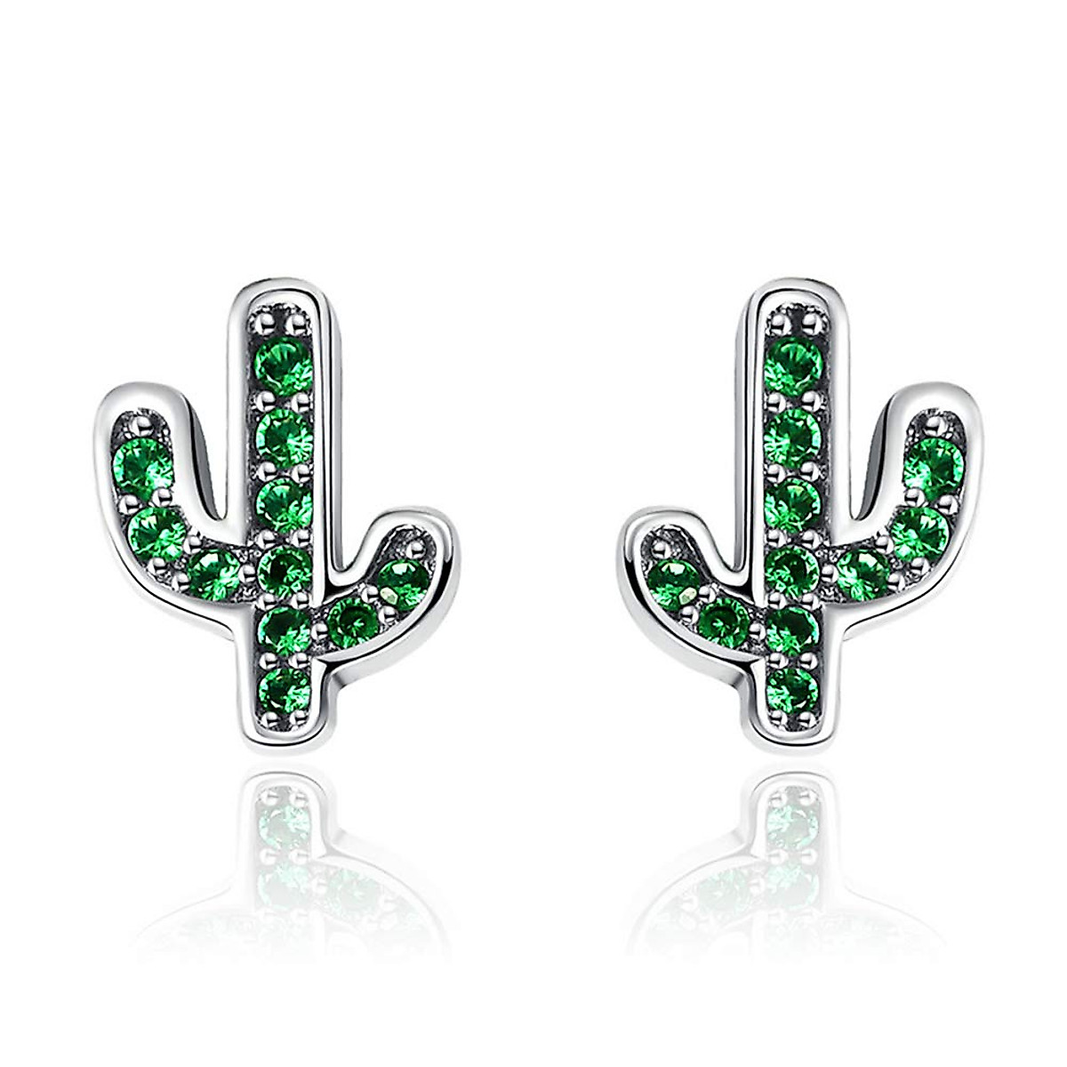 BISAER Cactus 925 Sterling Silver Stud Earrings with Green Cubic Zirconia, Green Plants Post Stud Earring Hypoallergenic Jewelry for Women