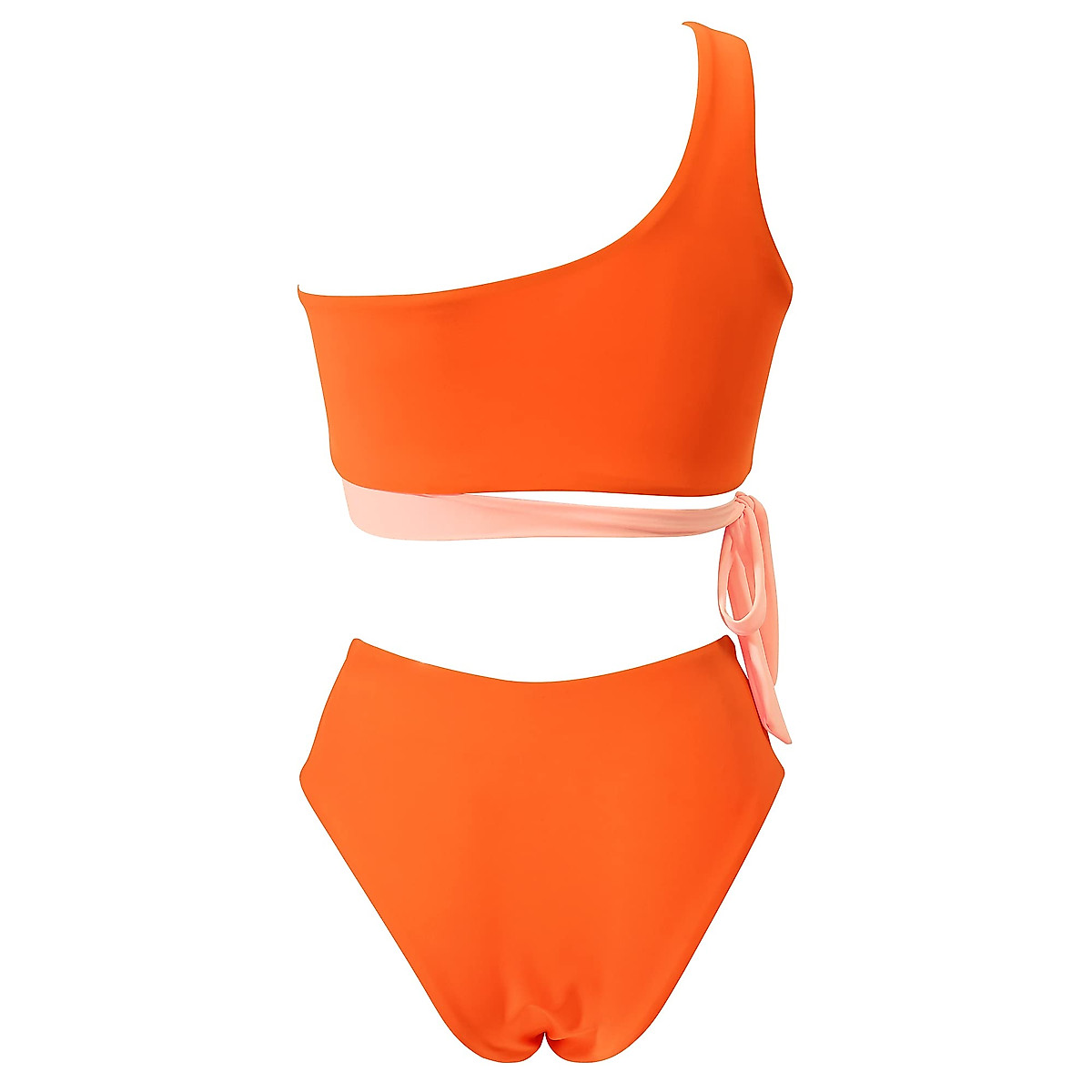 MOOSLOVER Women One Shoulder High Waisted Bikini Tie High Cut Two Piece Swimsuits(M,Orange)