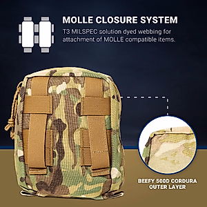 T3 Standard Medical Pouch, MOLLE-Compatible Tactical Pouch for Med Gear, Heavy-Duty Outdoor Pouch for Hiking and Recreation, Supplies Sold Separately, Multicam
