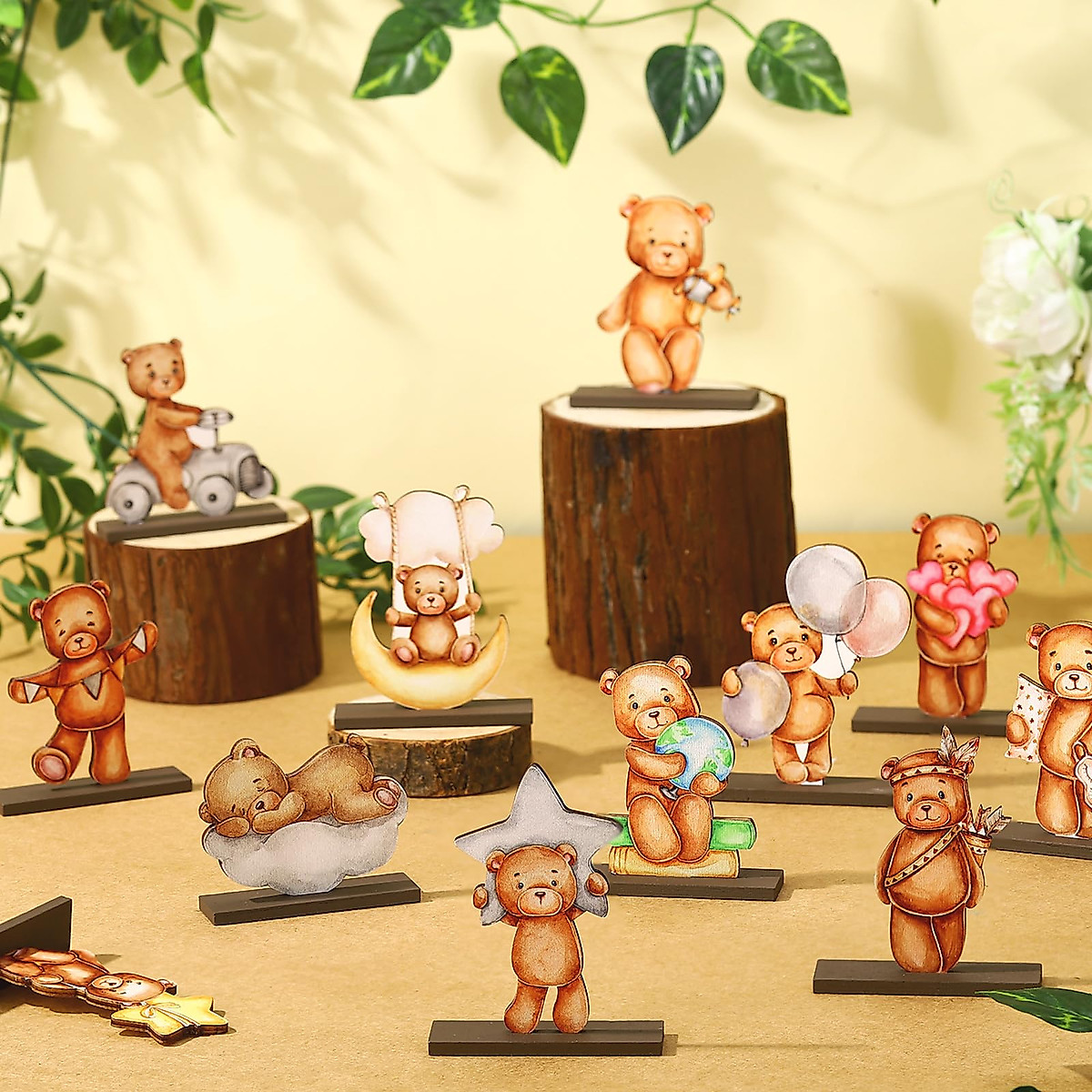 Barydat 12 Pcs Bear Party Decorations Teddy Bear Wooden Table Centerpiece Bear Baby Shower Decor Table Toppers Bear Theme Birthday Gender Reveal Party Supplies for Boys Kids Baby Shower Nursery Party