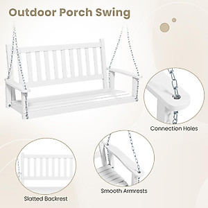 HAPPYGRILL Wooden Outdoor Porch Swing for 3, Heavy Duty Patio Hanging Bench Chair with 800 LBS Weight Capacity, 5.6 FT Adjustable Upper Chains, Slatted Back, Swing Bench for Garden, Backyard