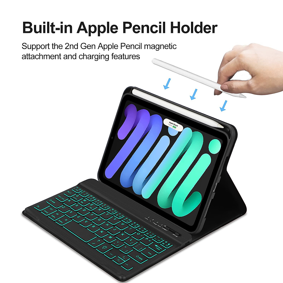 BORIYUAN iPad Mini 7th Gen 2024 (A17 Pro) & iPad Mini 6 Keyboard Case 2021, Detachable Wireless Keyboard, 7 Color Backlit, Slim Folio Cover with Pencil Holder for iPad Mini 7th/6th Gen 8.3 inch Black