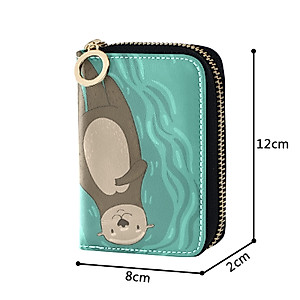Heart Shaped Sea Otters in Love with You On Turquoise WaterGrey Credit Card Coin wallet, RFID Blocking Compact Women Leather Card Holder, Key Change Organizer, Zipper Purse Clutch Pouch Pocket