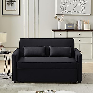 Eafurn 3-in-1 Convertible Sleeper Sofa Pull Out Couch Bed with Adjustable Backrest & Storage Pockets, 2 Seater Futon Loveseat Chair with Pull-Out Sofabed with Lumbar Pillows for Living Room Office