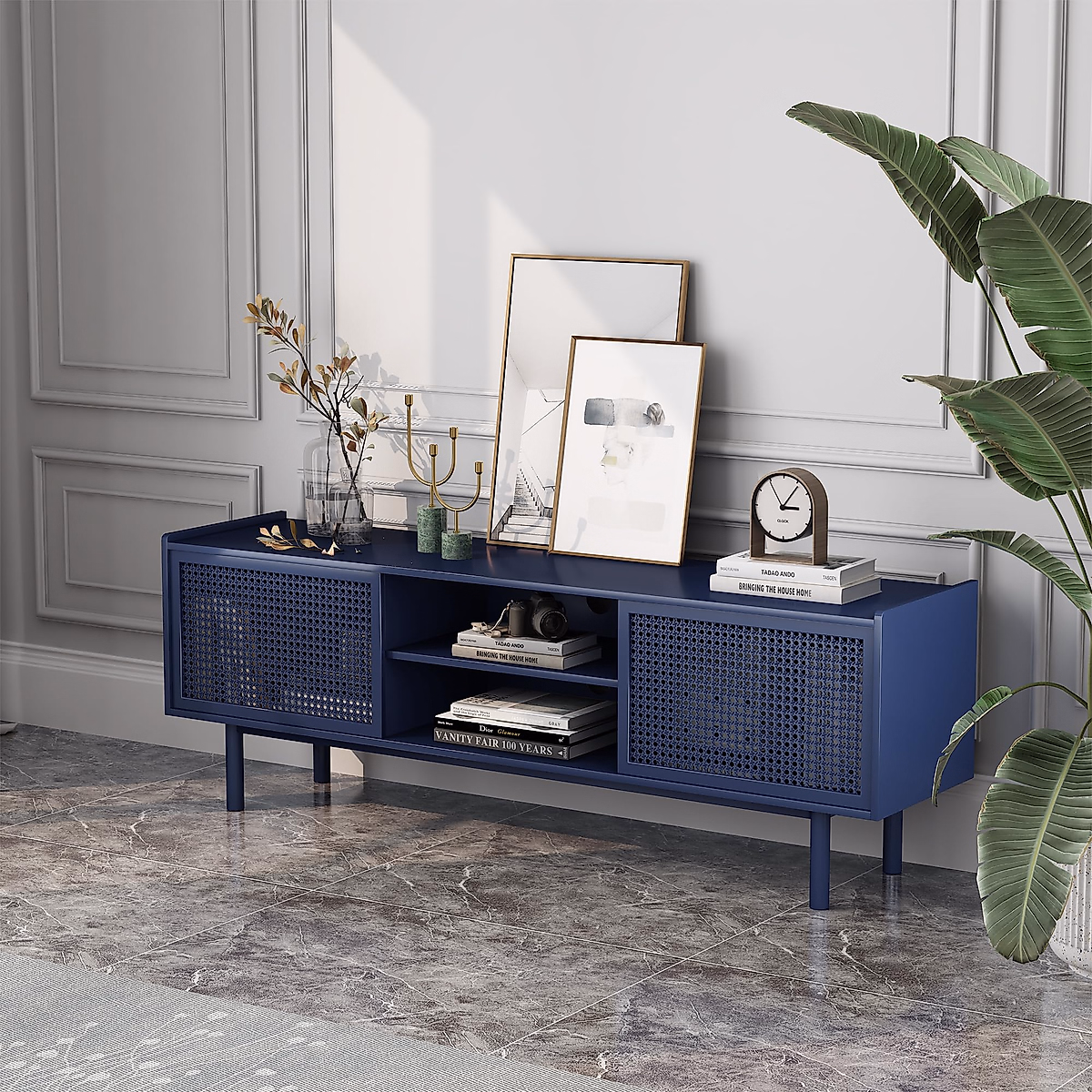 ORRD TV Stand for TVs Up to 70 Inch, Accent Iron Rattan Storage Cabinet Television Stands Entertainment Media Center Console Table with Sliding Barn Door and Adjustable Shelves for Living Room