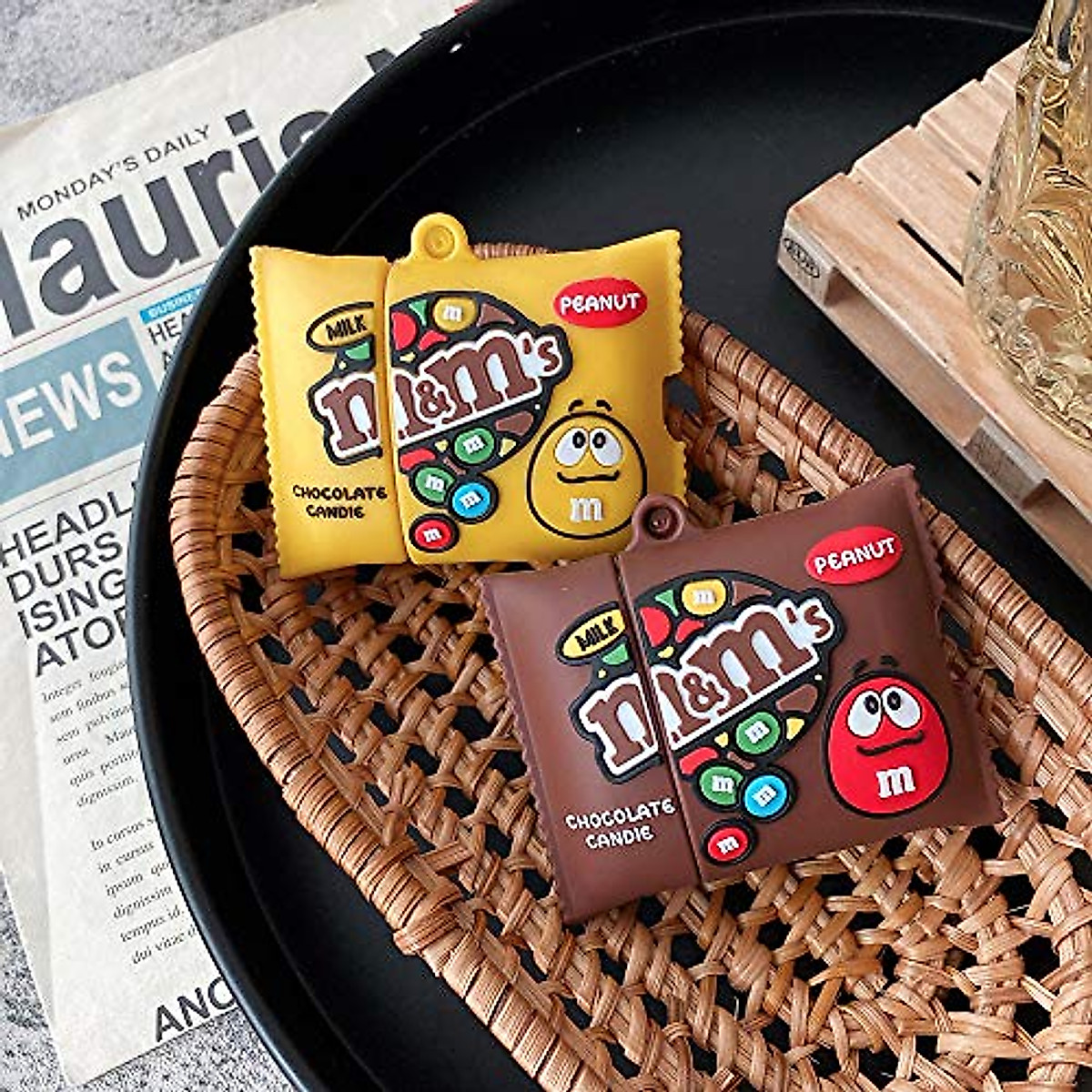 N+V Compatible with Airpods Pro Case Cover,Stylish Chic Food Character Skin Keychain,Cute 3D Funny Cartoon Food MM Chocolate Soft Silicone Protective Airpods Cover,for Girls Boys Teens Kids (Yellow)