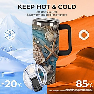 LPSADGF Ocean Shell Art Insulated Stainless Steel Travel Mug, 40 Oz Tumbler with Handle And Straw Double-Wall Vacuum Coffee Cup, Leak-Proof Lid, Keeps Drinks Hot/Cold for Hours