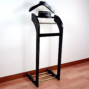 FOLREORP Suit Valet Stand Freestanding with Top Tray Contour Hanger Trouser Bar Shoe Rack Tie & Belt Wardrobe Valet Stand Stand Organizer for Both Living Room and Bed Room Pine