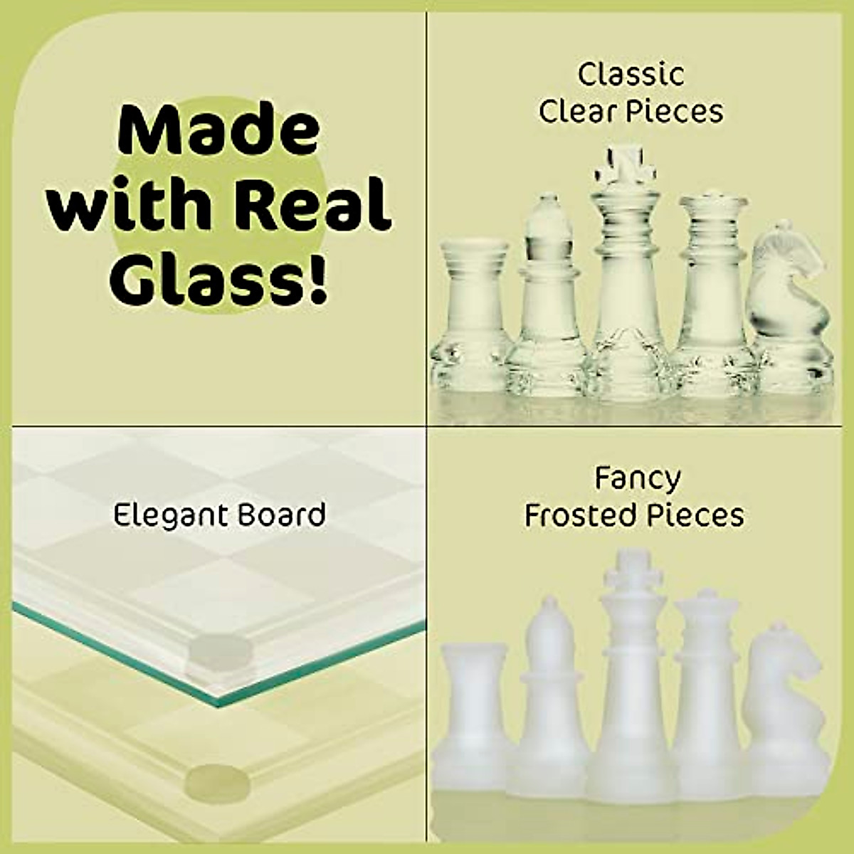 Srenta Fine Glass Chess Set Game, Modern Clear Chess Set, Deluxe Chess Set Glass Chess Board Set with Solid Clear & Frosted Chess Glass Pieces | 9.7’’ Crystal Chess Boards Sets, Felt Padding Included