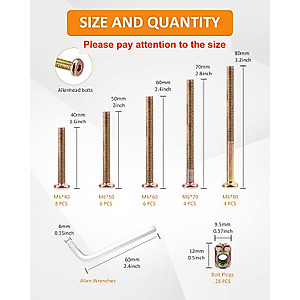 Crib Screws Hardware Replacement Kit - 28 Set Baby Bed Frame Bolts &Barrel Nuts Set,Including M6x40mm/ 50mm/ 60mm/ 70mm/ 80mm Hex Drive Socket Cap Screws Barrel Nuts