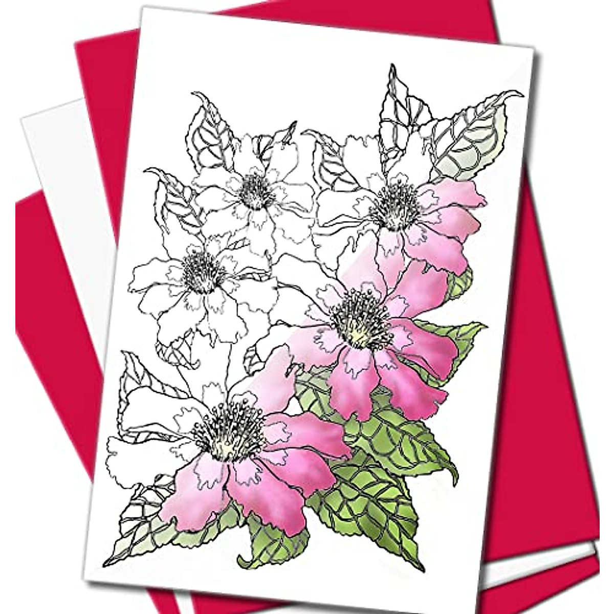 Art Eclect Coloring All Occasion Cards for Adults, Happy Birthday, Thank You and Sympathy, 20 Cards With Unique Flower Designs, 10 Fuchsia and 10 White Envelopes (Flowers B20/PinkWhite)