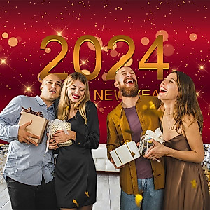 Baocicco 9x6ft 2024 Happy New Year Party Photography Background Champagne Bokeh Gold Glitter Chinese Red Background Photo Backdrop New Year Eve Party Night Carnival Kids Adults Photoshoot Studio