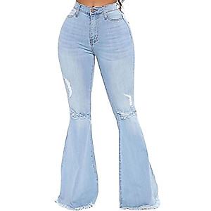 CutieLove Women's Ripped Jeans Bell Bottom Flare Jeans Mid Rise Destroyed Hem Denim Pants A-Light Blue