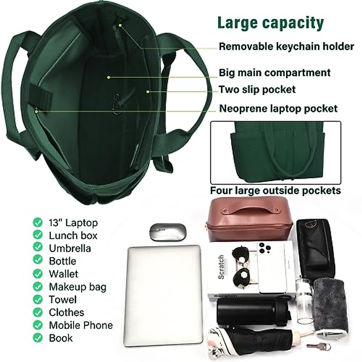 Eudora Large Heavy Duty Canvas Tote Bag for women with Water Resistant and Multi-pocket for Teacher Nurse Office Work(Dark Green)