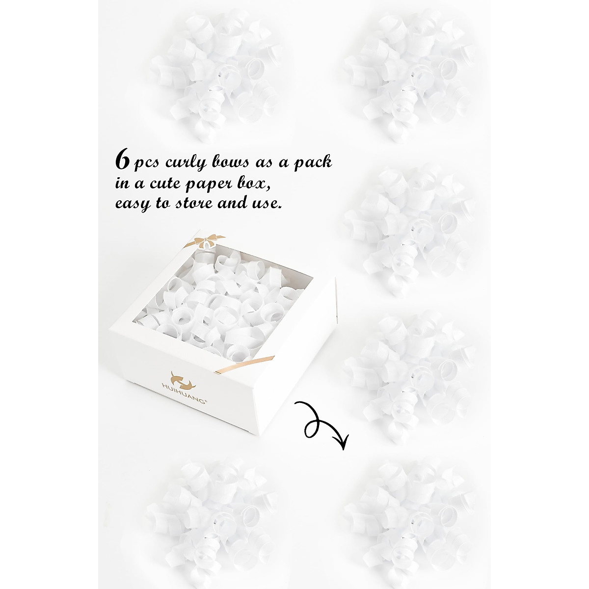 HUIHUANG White Bows for Gift Wrapping, White Curly Ribbon Bows Self Adhesive Burst Gift Bow for Christmas Presents, Wine Bottle, Treat Bags, Bridal Shower Wedding Party Favor - 6 Counts