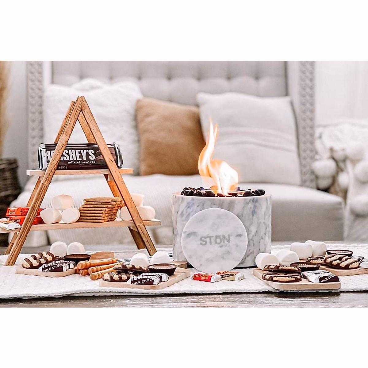 Stonhome Tabletop Fire Pit Bowl - The Original Marble Portable Fireplace, Indoor Outdoor, Mini Fire Pit Clean Burning Real Flame for Patio Balcony, S’Mores Maker (White)