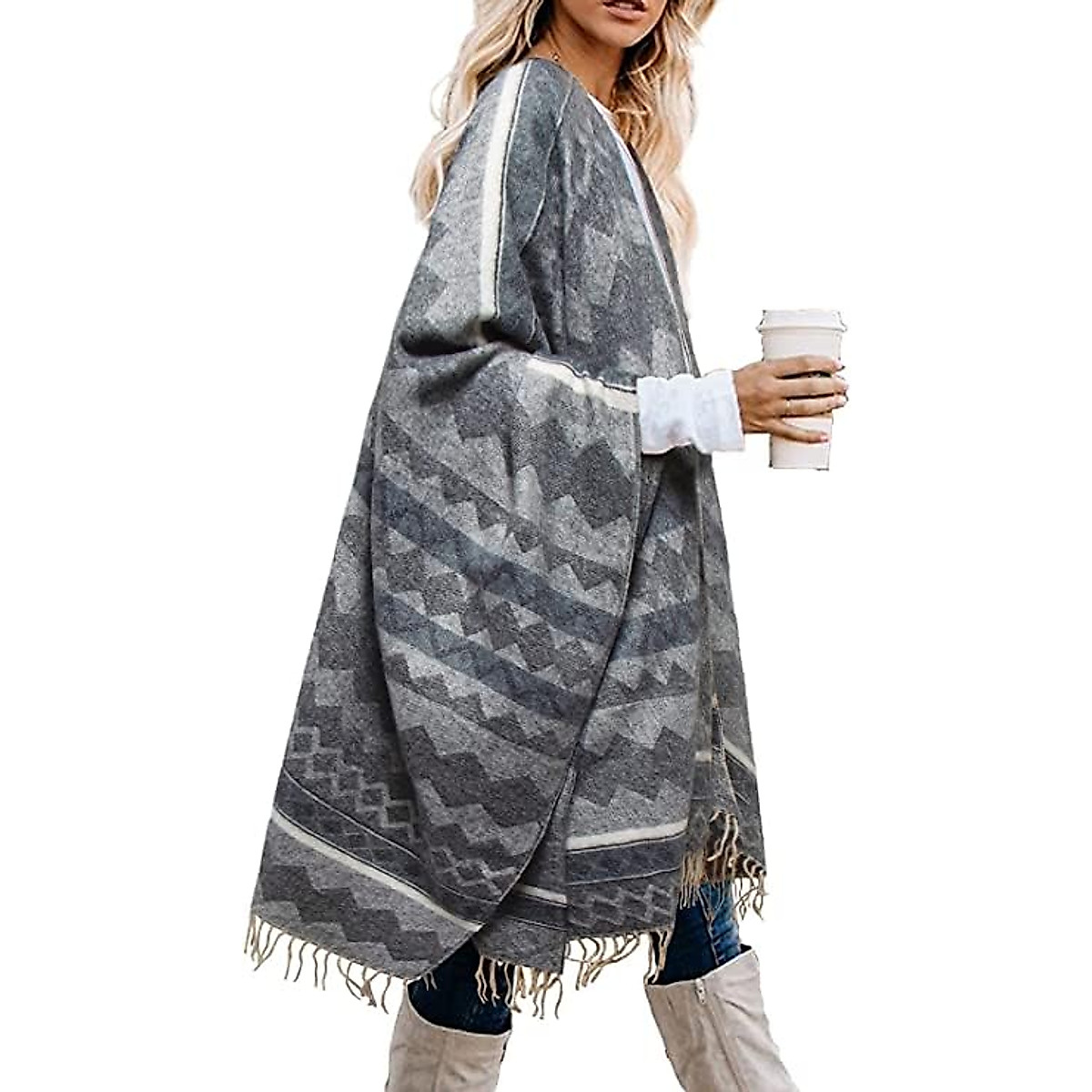 LittleMax Women's Open Front Boho Cardigan Oversized Knitted Shawl Wrap Cape Sweater Plaid Tassel Poncho (Grey-245, One-size)