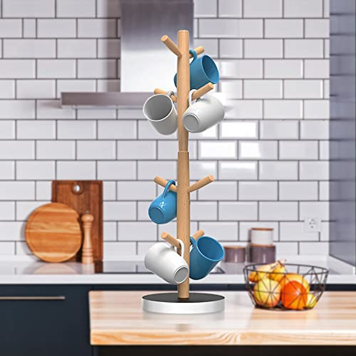 ONEDONE Mug Tree, Coffee Mug Holder 3-in-1 Coffee Mug Tree for Counter 22" Height Adjustable Solid Wood Coffee Cup Holder Anti-tip Coffee Mug Stand with 0.8" Thick Acrylic Bases (Black & Clear)