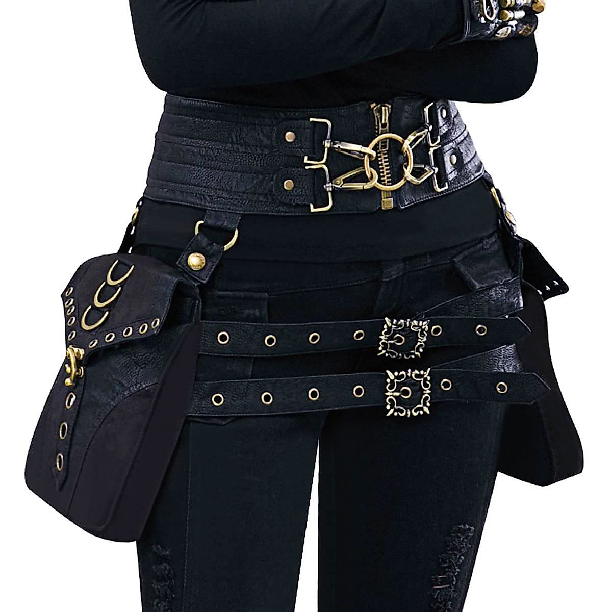 Waist Bag Belt Purse Fanny Pack Crossbody Motorcycle Hiking Phone Holder Wallet Vintage Leather Casual Fashion Daypack Gothic Festival Costume Hip Pouch for Women Men (Com)