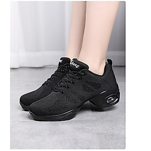 Women's Breathable Air Cushion Jazz Dance Shoes Lace Up Mesh Sneakers - Split Sole Athletic Walking Dance Thick Sole (Black,8.5)