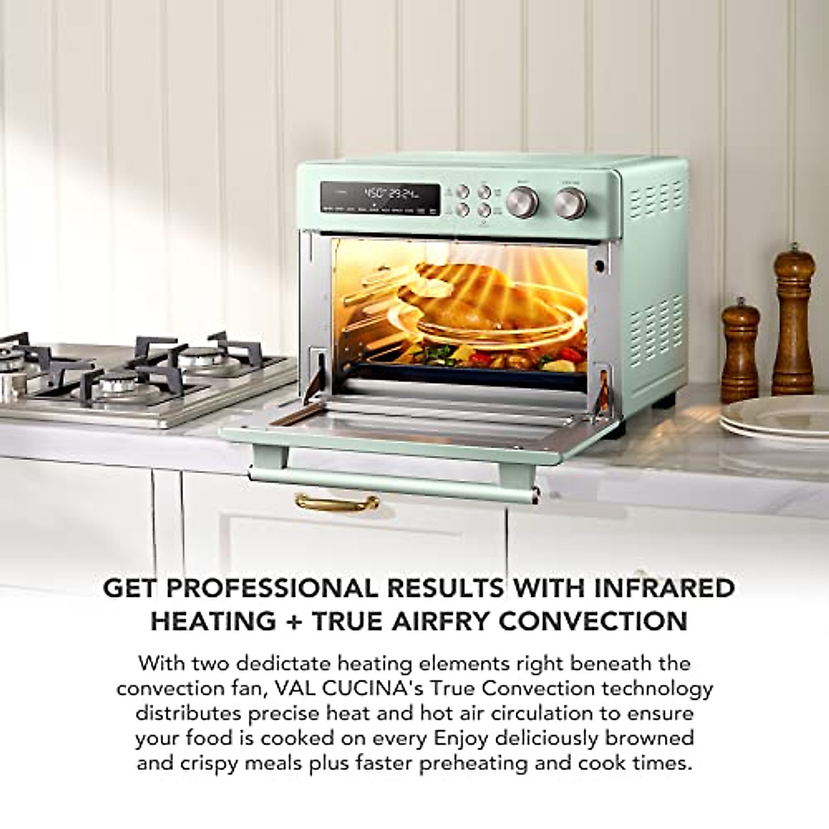 VAL CUCINA Retro Style Infrared Ultra-Quick Air Fryer Toaster Oven, Multifunctional 10-in-1 XL Countertop Convection Oven, 6-Slice Toast, 12-Inch Pizza, Enamel Baking Pan for Easy Cleaning, with Bake, Toast, Roast, Broil, Pizza, Reheat, Slow Cook, Dehydra