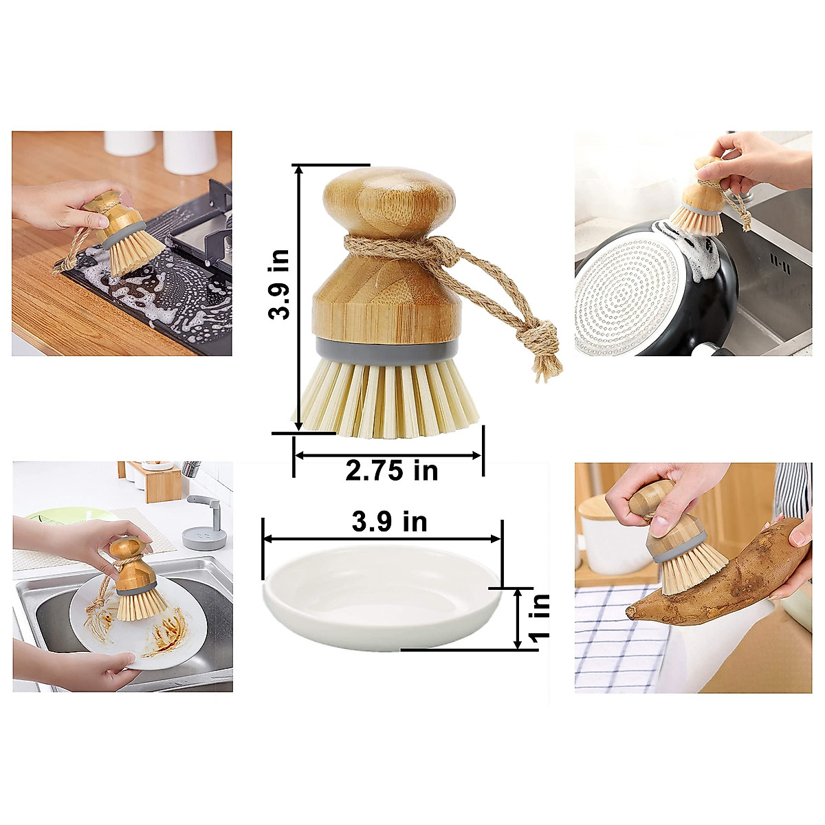 Bamboo Dish Brush&Water Bottle Drying Rack, 9-in-1 Kitchen Cleaning Set |Dish Brush&Bottle Brush with Long Handle |Mini Palm Brush with Soap Dispenser|Dish Drying Tray| Dish Drying Rack Kit
