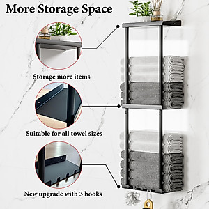 Vowupt Bathroom Towel Storage Rack, 3 Tier Towel Racks for Rolled Towels, Wall Mounted Metal Bathroom Organizer, Bath Towel Holder Shelf with 3 Hooks,Towel Racks for Bathroom