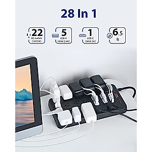 Power Strip Surge Protector, FDTEK Multi Plug Outlet with 22 AC Outlets and 6 USB 1875W/15A 2100 Joules 6.5Ft Flat Plug Extension Cord Heavy Duty Large Power Strip for Home, Office, Dorm, Gaming Room