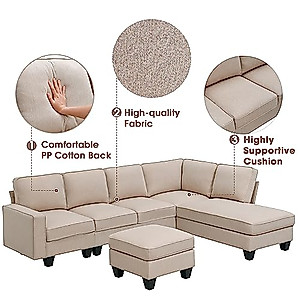 GAOWEI Modern L-Shaped Sectional Sofa,7-seat Linen Fabric Couch Set with Chaise Lounge and Convertible Ottoman for Living Room,Apartment,Office Modular sectional Sofa l Shaped Sofa (Khaki)