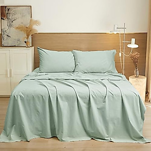 PHF 100% Garment Washed Cotton Sheets Set Twin Size, Ultra Soft Cotton Bedding Sheets Set, 3 PCS Breathable Moisture-Wicking DurableSheet Set,Deep Pocket Cotton Bed Sheet Up to 16", Sage Green