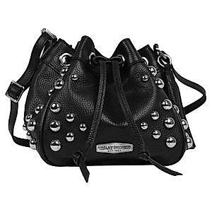 Harley-Davidson Women's Heavy Metal Leather Drawstring Crossbody Purse - Black