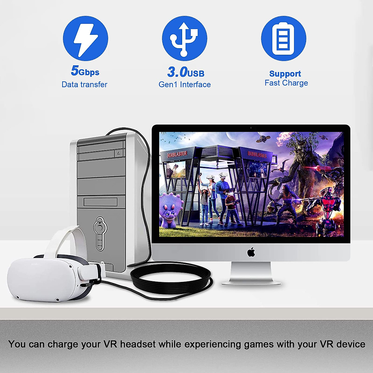 Kopatesun for Link Cable, Virtual Reality Headset Cable 10ft/3m USB 3.0 - c to C - Gaming PC VR - 3 Meters