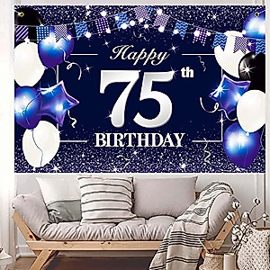 P.G Collin Happy 75th Birthday Banner Backdrop Sign Background 75 Birthday Party Decorations Supplies for Him Men 6 x 4ft Blue Purple Blue White 75