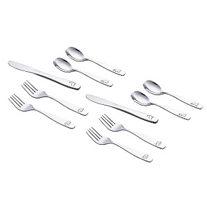 ANNOVA Kids Silverware 10 Pieces Children's Safe Flatware Set Stainless Steel - 4 x Forks, 4 x Dinner Spoons, 2 x Safe Knife Toddler Utensils, Metal Cutlery for Lunchbox (Engraved Dinosaurs)